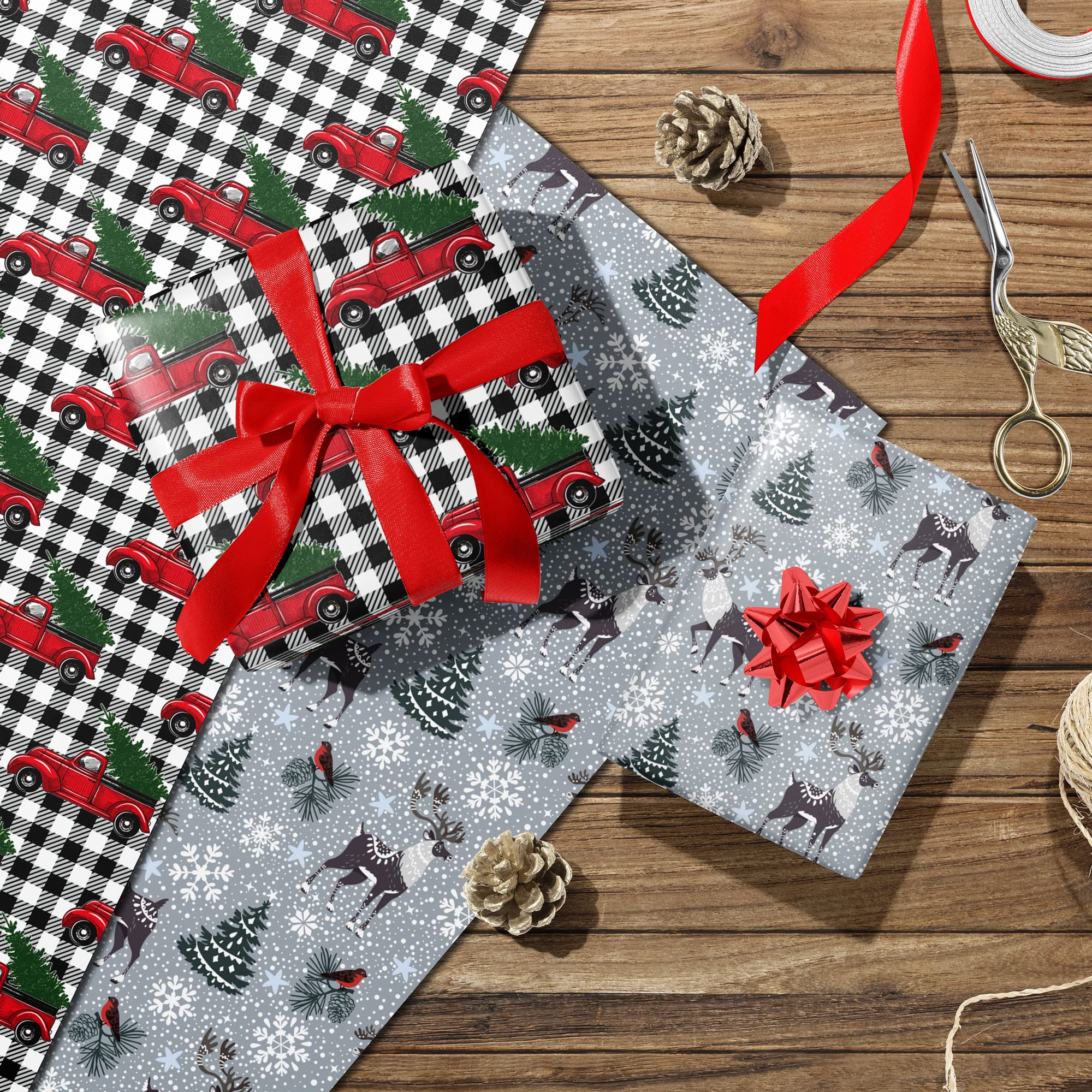 Christmas Wrapping Paper - GIOLNIAY Holiday Gift Wrap with Trucks, Snowflakes, Trees - 4 Jumbo, 4 Medium Sheets