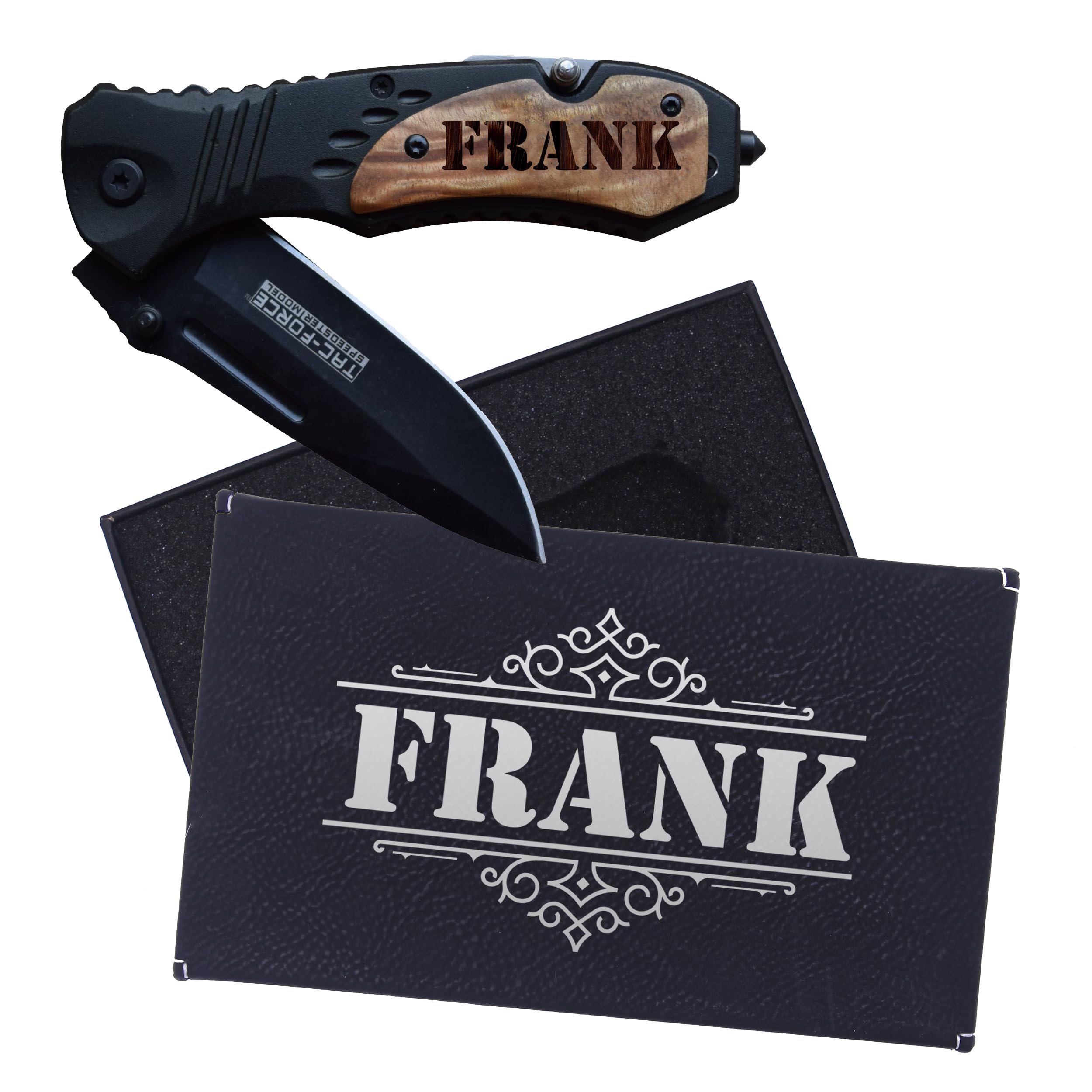 My Personal Memories Engraved Personalized Wood Handle Rescue Pocket Knife - Father's Day Groomsmen Gifts - All Black Knife