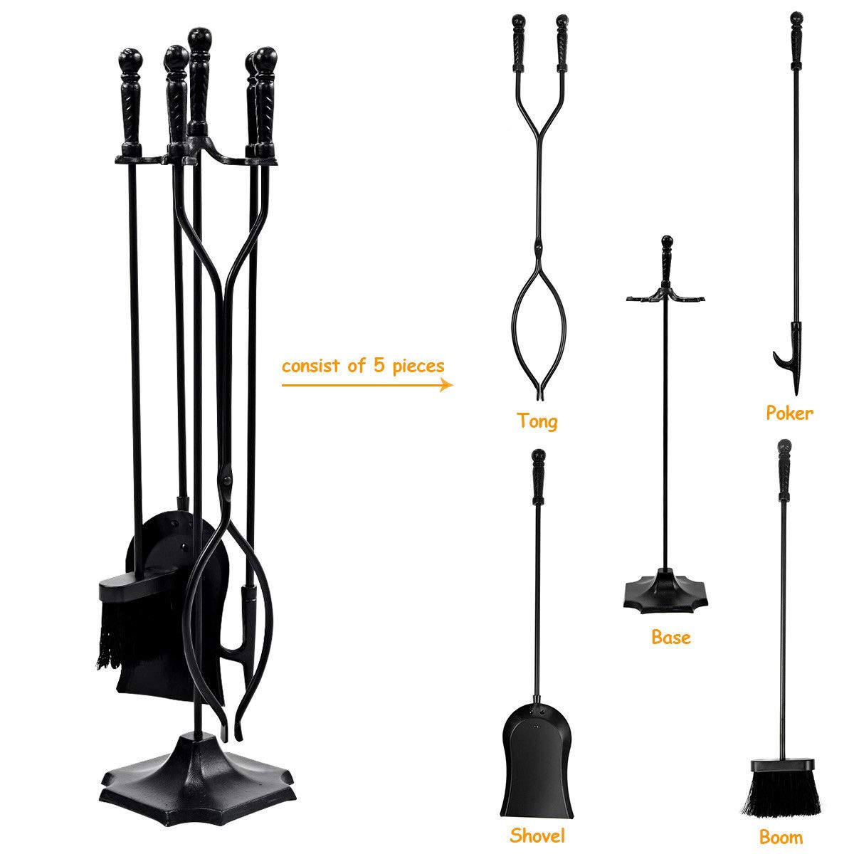 Tangkula 32 inch Fireplace Set 5 Piece Rustic Heavy Duty Compact Wrought Iron Fire Place Tool Set with Pedestal Place, Hearth Tool
