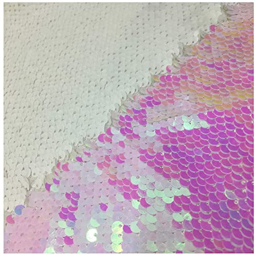 LQIAO 1Y Sequin Fabric Iridescent Pink White Sparkly Reversible Sequin Fabric for Sewing Mermaid Flip Up Large Sequin Fabric by The Yard Drawer/Cube/Tablecloth/Home/Dress/Fans DIY