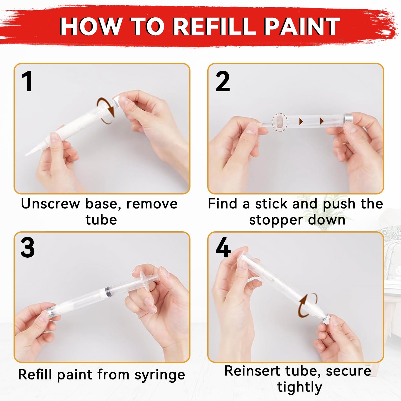 Fillable Touch Up Paint Pen Brush, 4 Pack User-Friendly Refillable Paint Pens, Multiple Applications Touch-Up Paint Brushes for Walls, Wood, Floor, Cabinets, Doors and Windows(8 Pcs Kit)