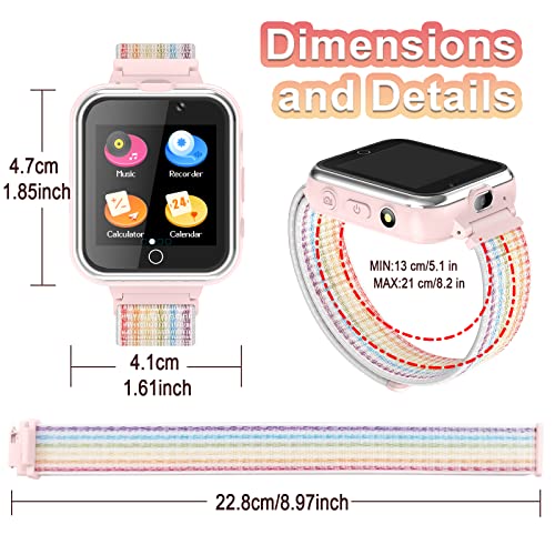 PTHTECHUS Kids Game Smart Watch for Boys and Girls,Smartwatch with 24 Puzzle Games Nylon Strap Dual Cameras Touch Screen Music Player Pedometer Multi-Function for 4-12 Years Children Gifts-Pink