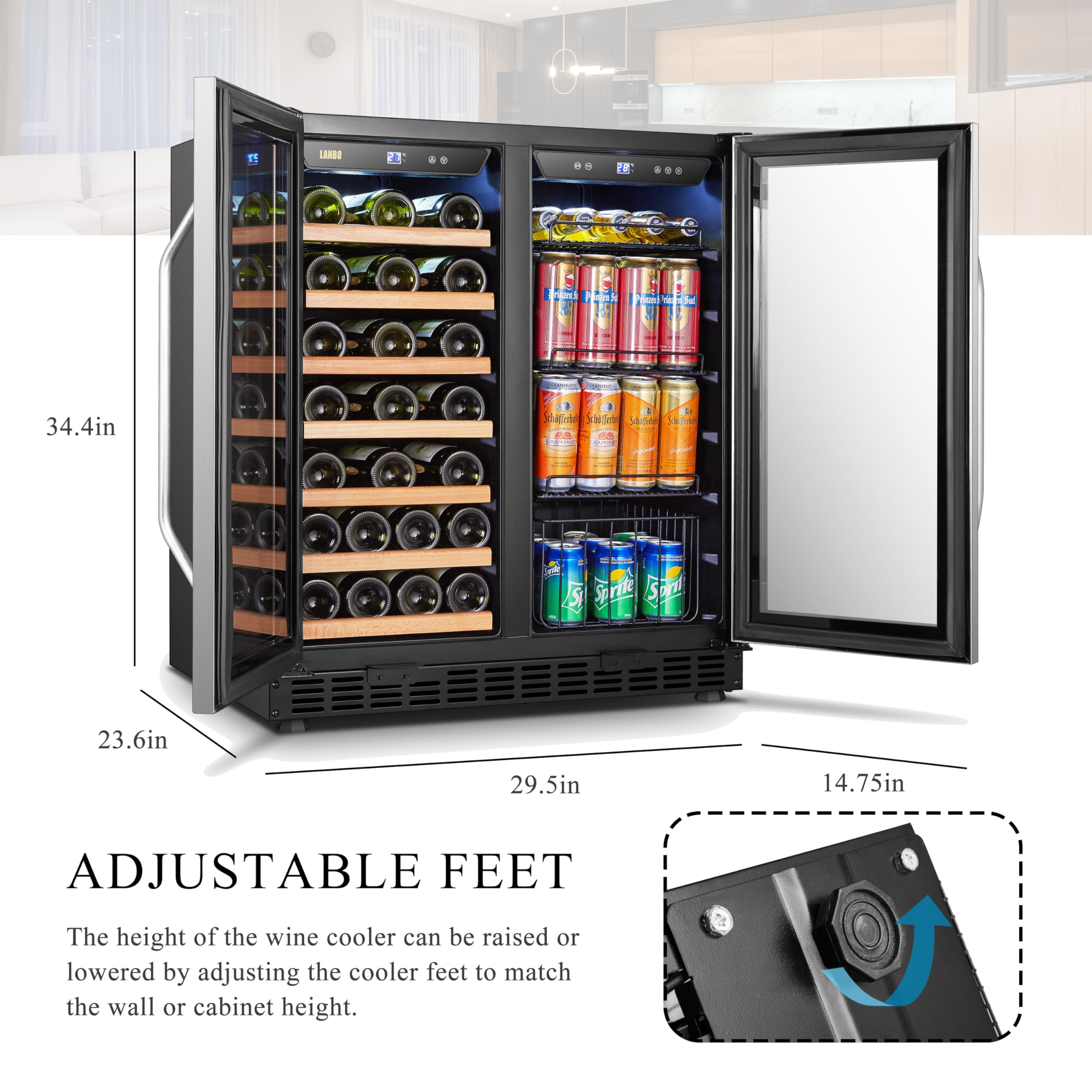 Lanbo Wine Cooler Refrigerator, 30 Inch 33 Bottle and 70 Can Under Counter Beverage Fridge with Stainless Steel Glass Door, Safety Lock and Digital Memory Touch Control