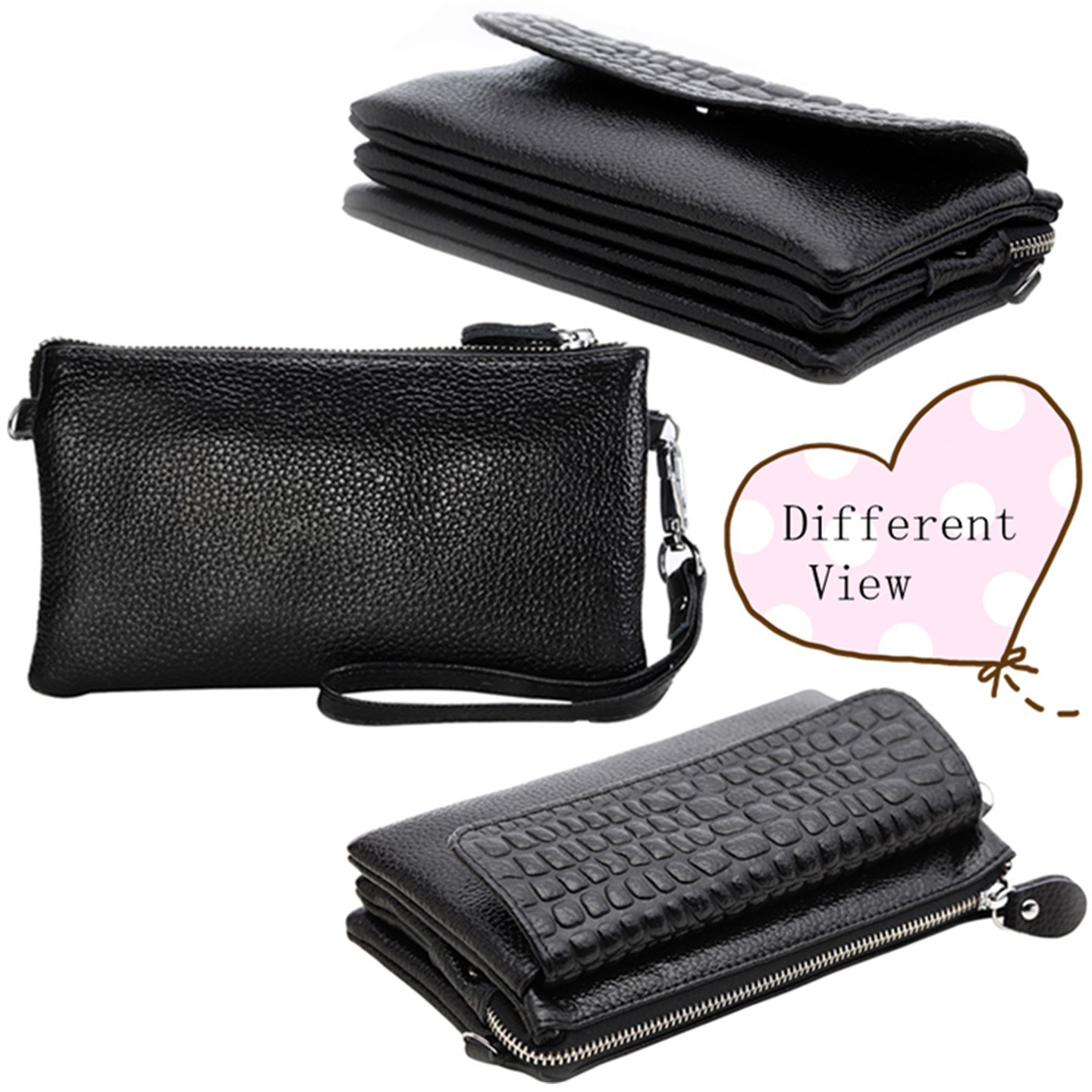 Semikk Women Soft Genuine Leather Smartphone Wristlet Purse Cell Phone Cross Body Bag Wallet Clutch Handbag with Card Slots/Shoulder Strap/Wrist Strap - for iPhone 6s Plus (Black) Small