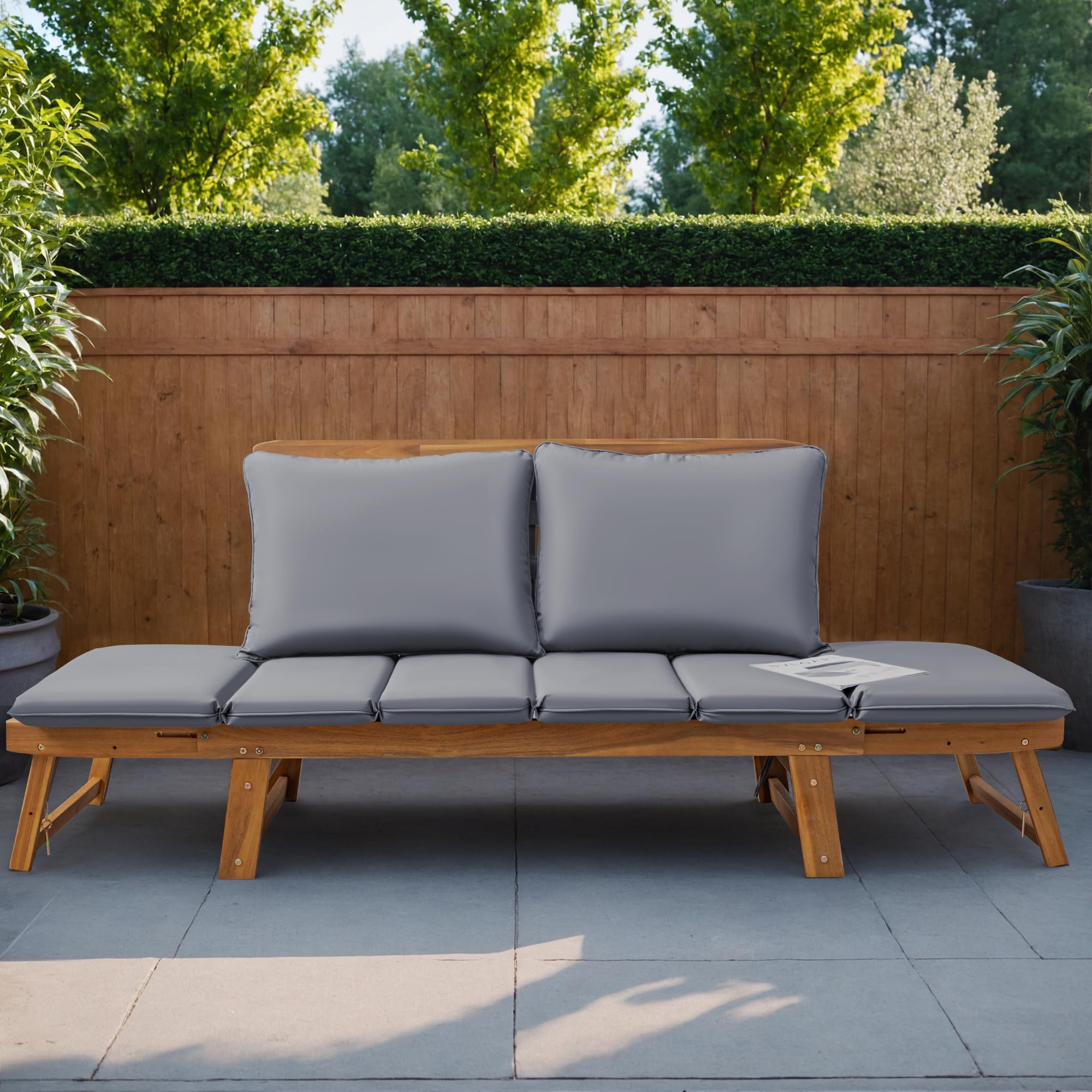 Greesum Patio Convertible Couch Sofa Bed with Adjustable Armrest, Acacia Wood Outdoor Daybed with Cushion & Pillow, Folding Chaise Lounge Bench for Porch Courtyard Poolside,Gray