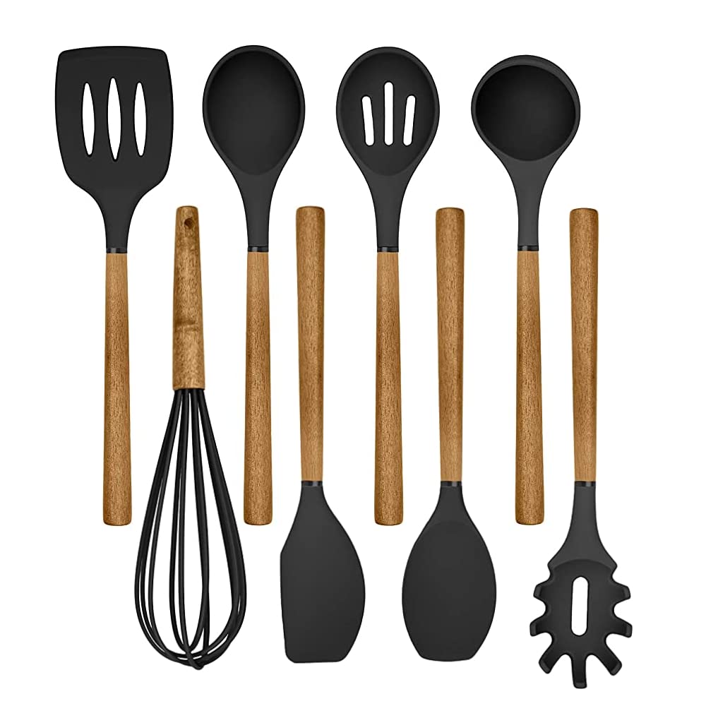 Country Kitchen Silicone Cooking Utensils, 8 Pc Kitchen Utensil Set, Easy to Clean Wooden Kitchen Utensils, Cooking Utensils for Nonstick Cookware, Kitchen Gadgets and Spatula Set - Mint Green