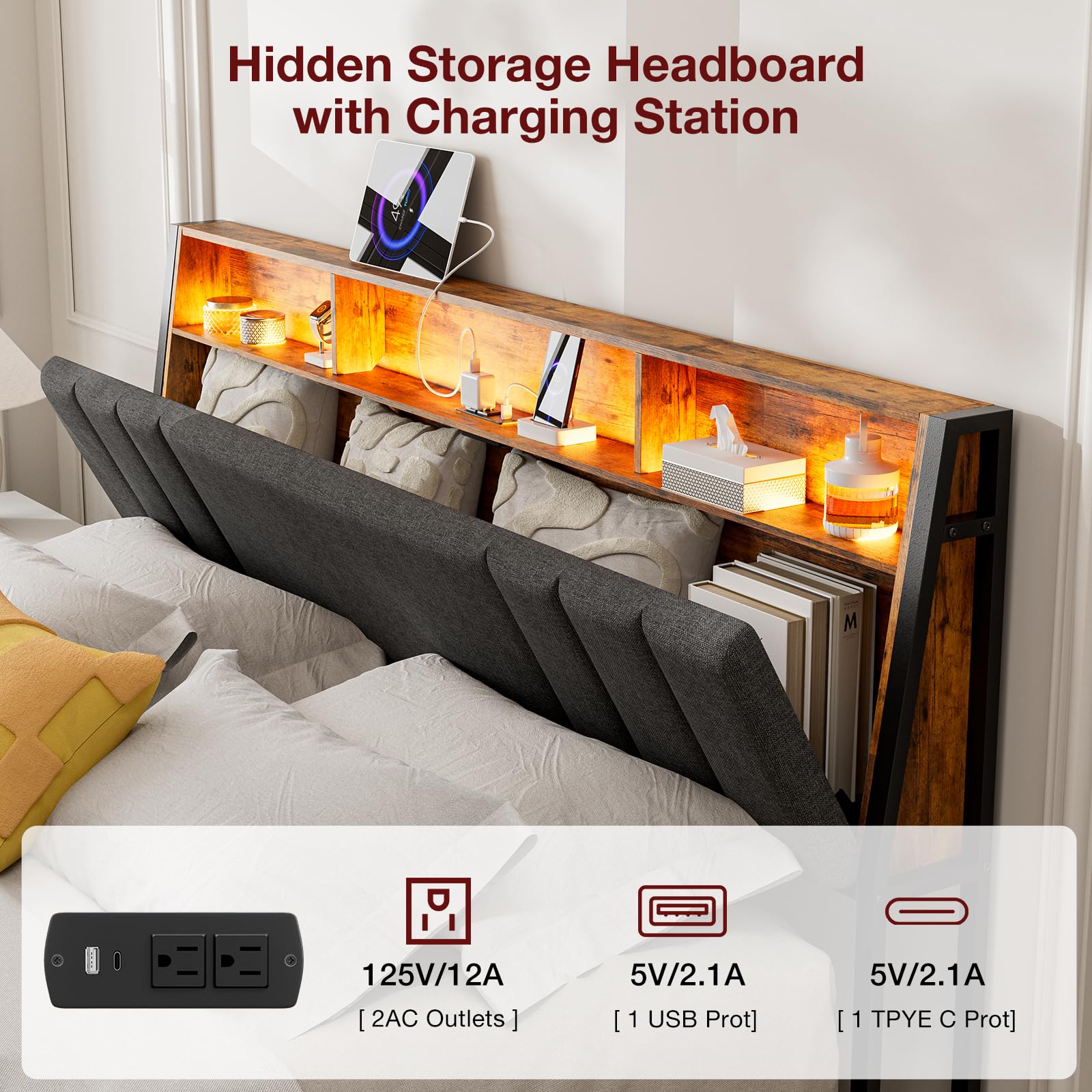 IKIFLY Hidden Storage Headboard California King Size with Charging Station, Ergonomic Upholstered Cal King Headboard Only with LED Lights, 2 Outlets & 2 USB Ports, Easy Assembly, Dark Grey