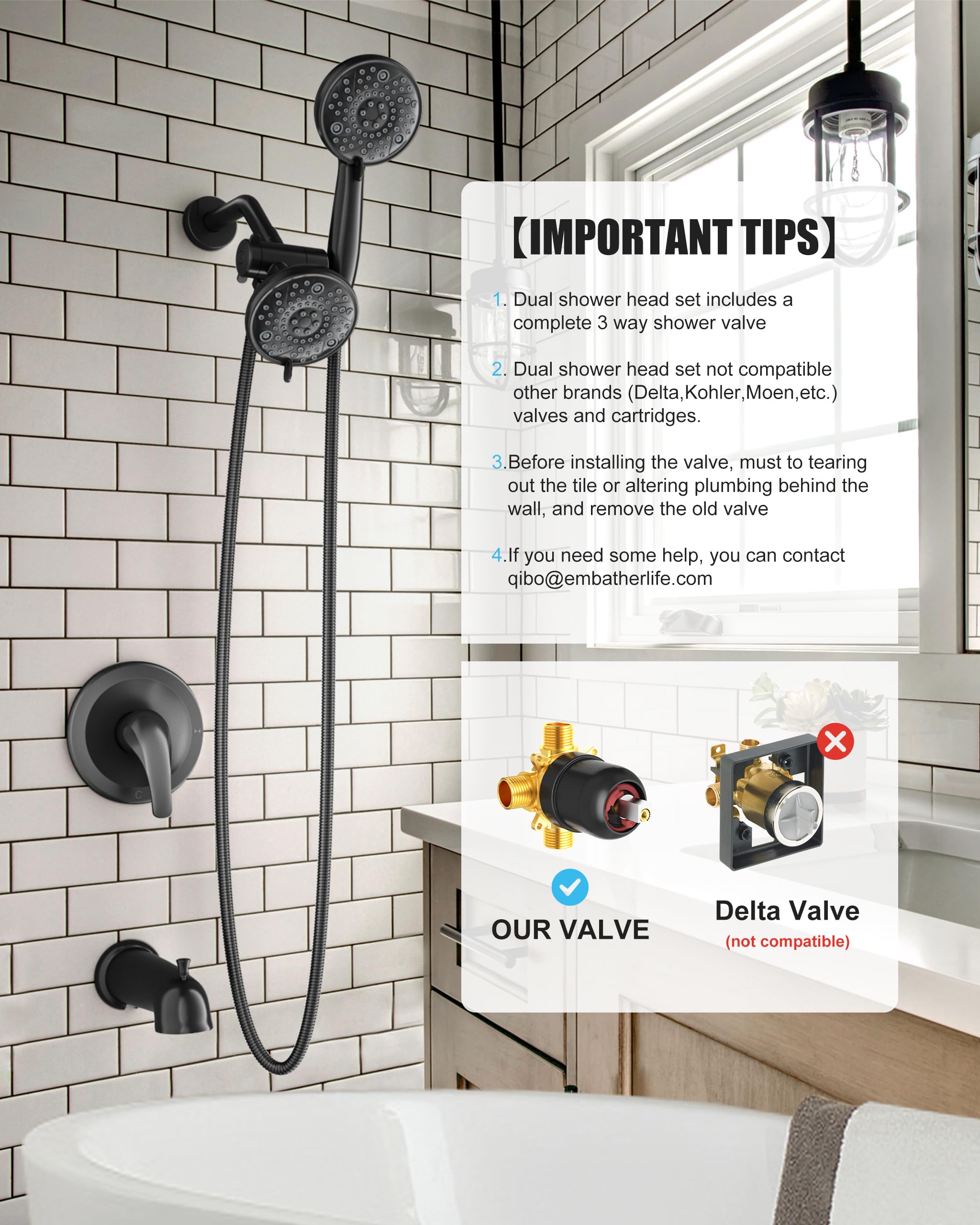 EMBATHER Tub and Shower Faucet Set, Dual Shower Head with Bathtub Faucet Set, Single-handle Control Shower Valve and Trim Kit, Matte Black