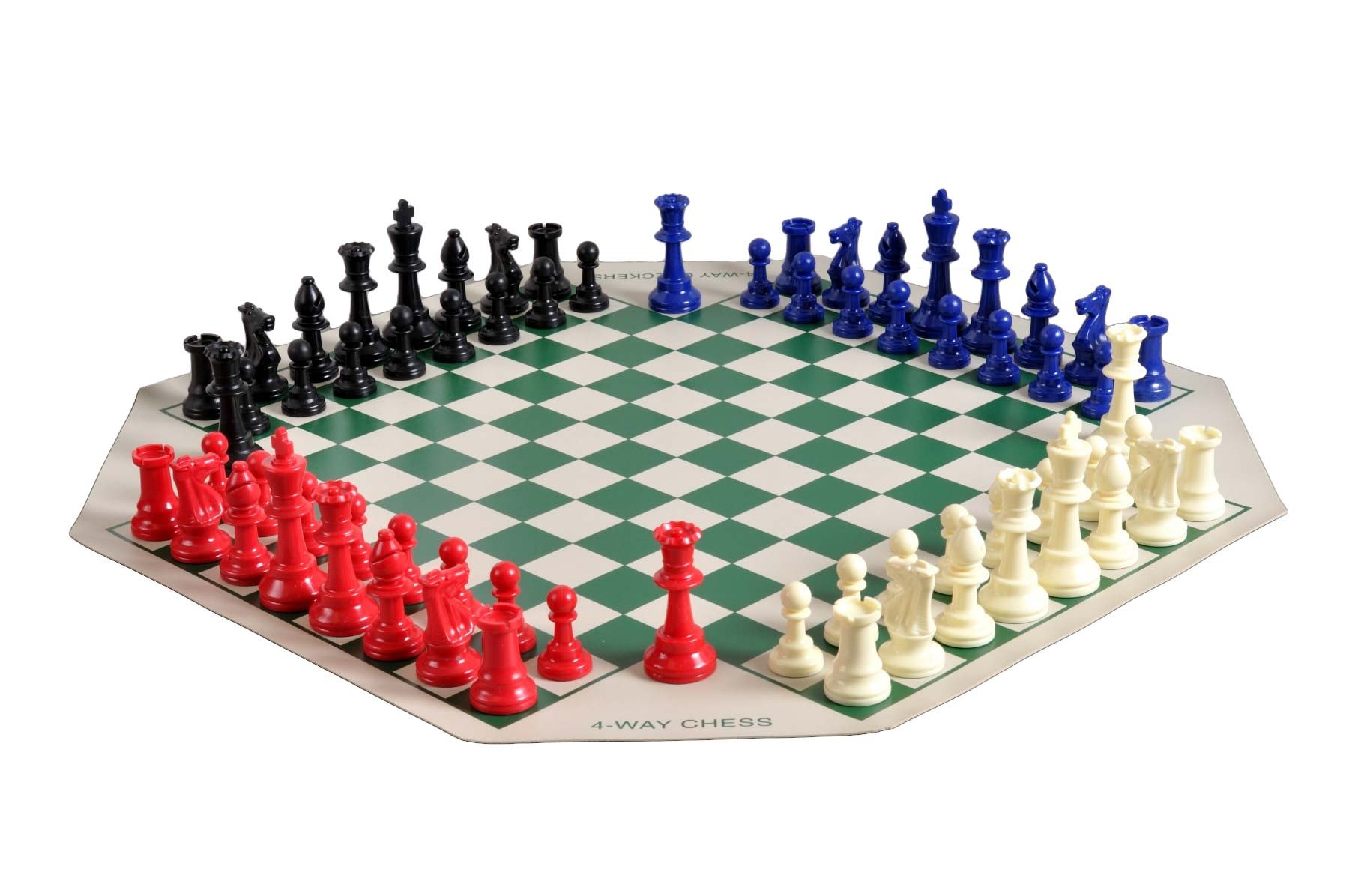 The House of Staunton Four Player Chess Set Combination - Single Weighted Regulation Colored Chess Pieces, Four Player Vinyl Chess Board