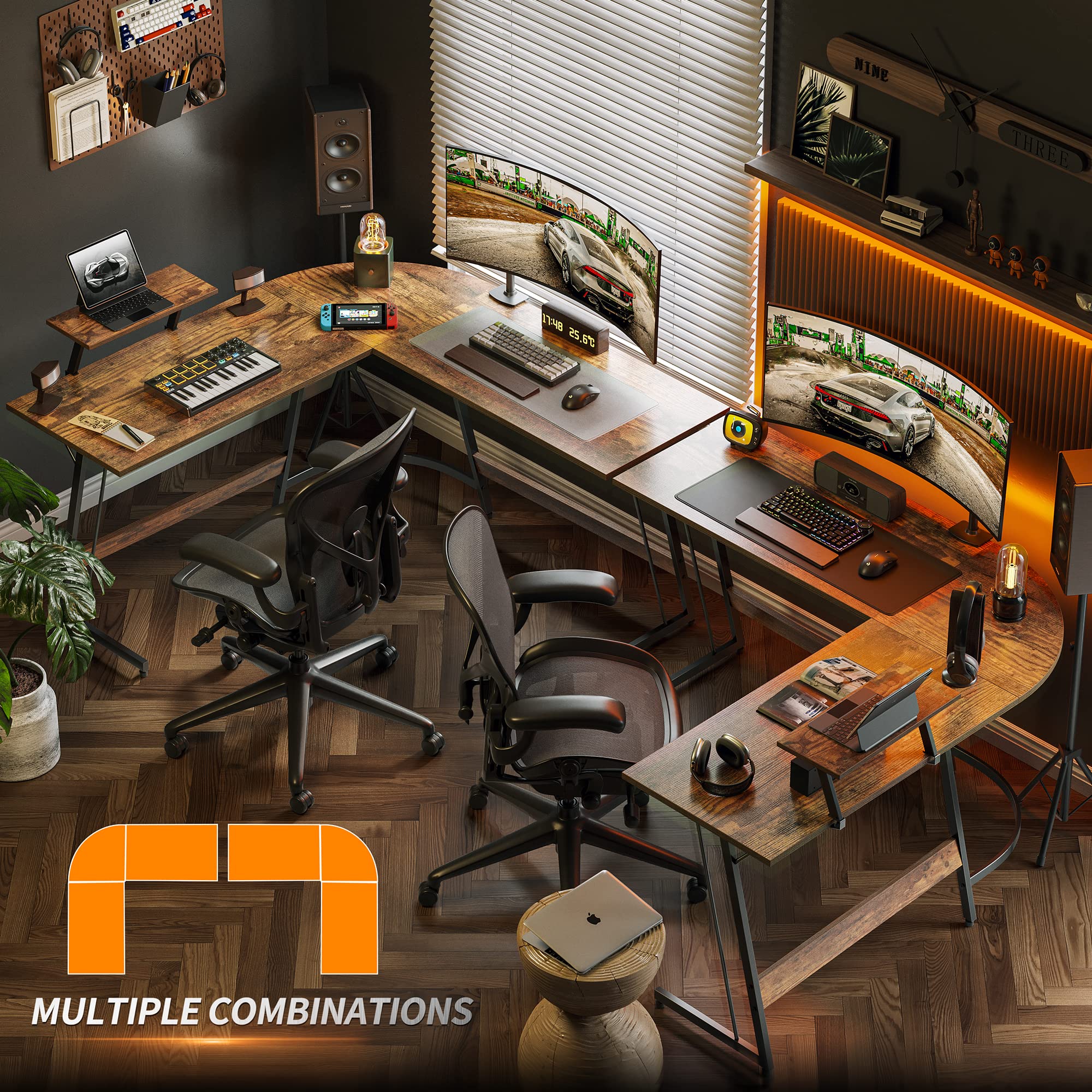Cubiker L Shaped Desk, Computer Corner Desk, Gaming Desk with Monitor Stand, Home Office Study Writing Workstation, Space-Saving, Rustic Brown