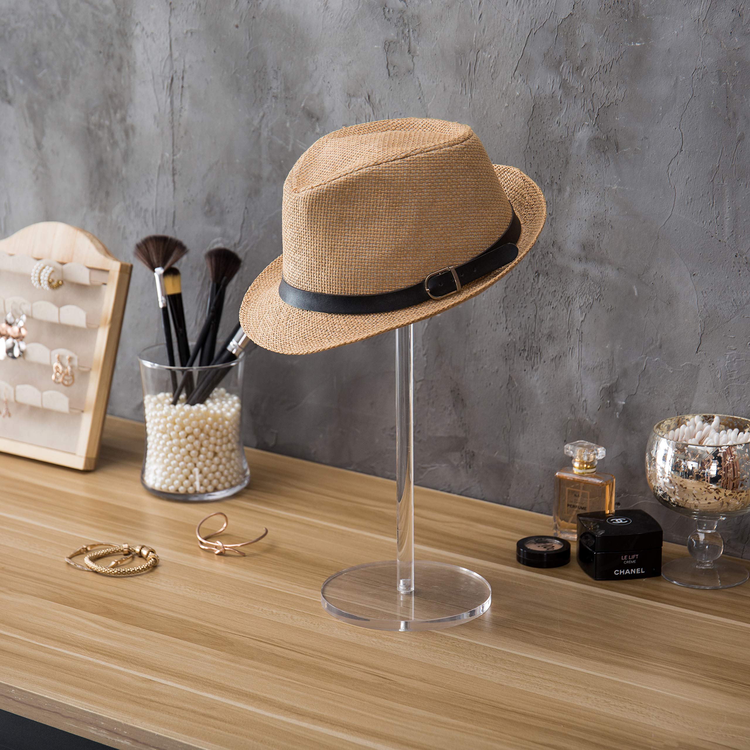 MyGift 16-Inch Clear Premium Acrylic Hat Rack Stand and Wig Holder, Decorative Cap Fedora Cowboy Hat Display Stand with Pedestal and Sturdy Round Base
