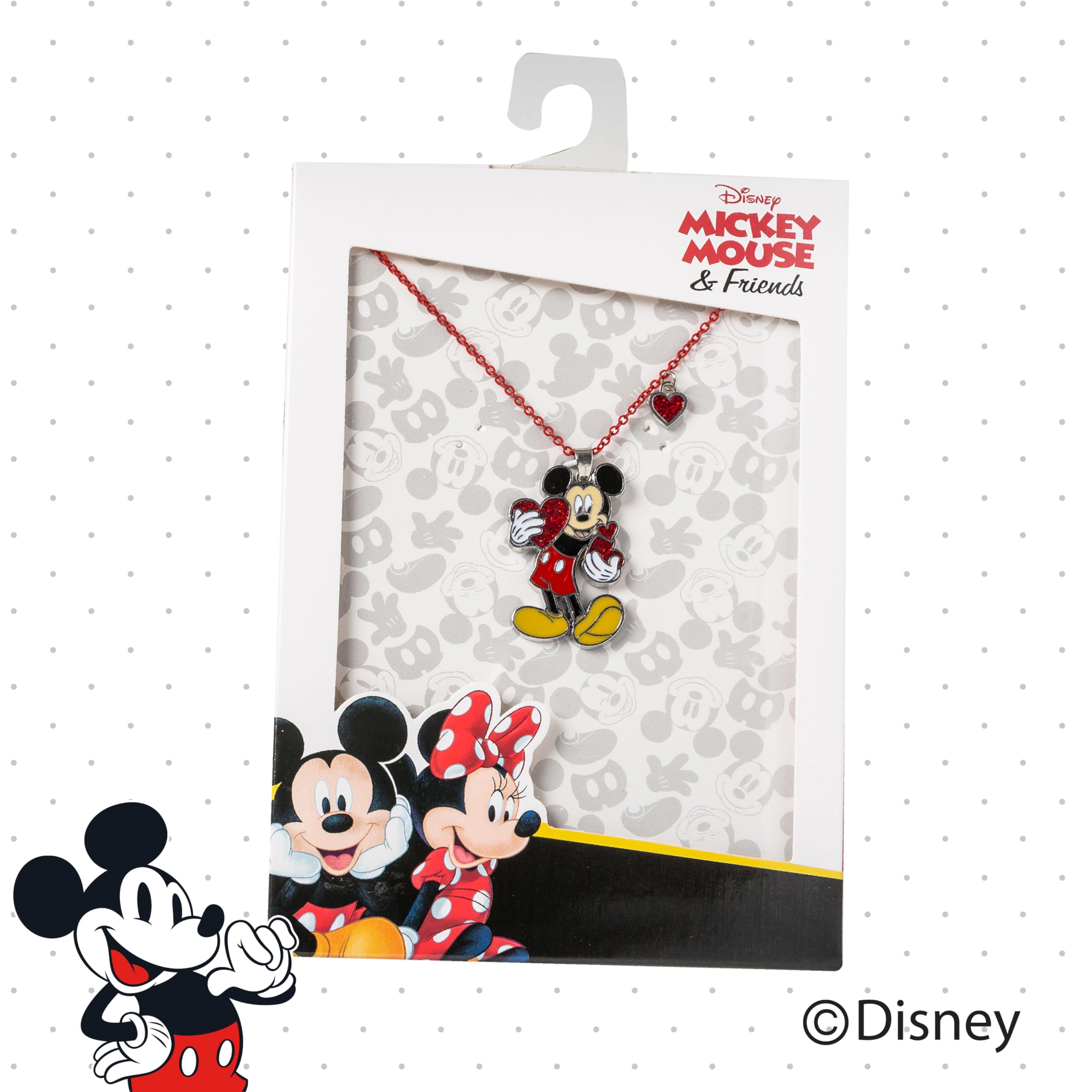 Disney Womens Mickey Mouse Necklace 16" + 2" - Red Chain Necklace with Red Heart Charm and Mickey Mouse Pendant - Mickey Mouse Gifts