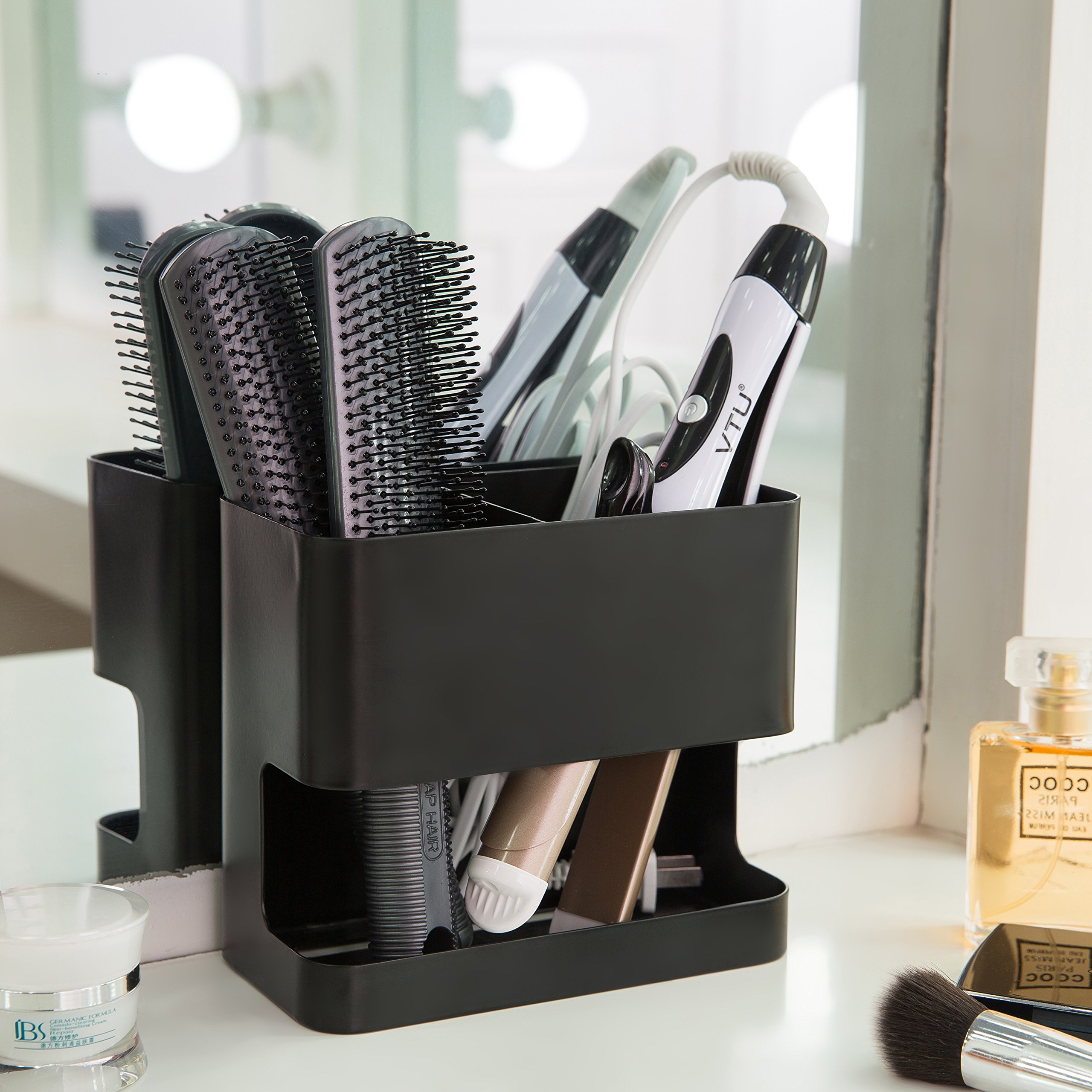 MyGift Black Metal Wall Mount Hair Tools Holder with 2 Slots, Salon Hair Styling Accessories Organizer Rack, Blow Dryer, Straightener and Curling Iron Holder