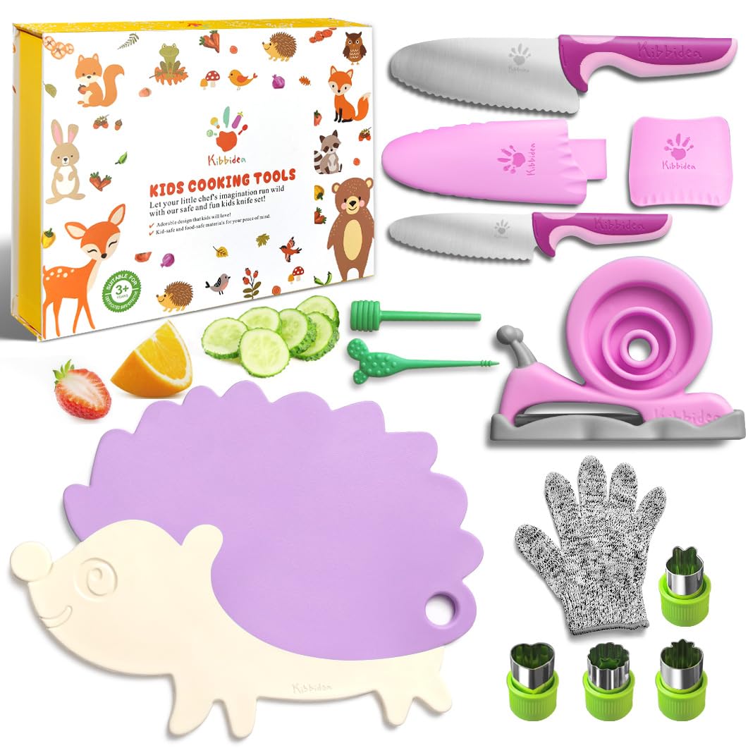 Kibbidea 13 Pcs Kids Kitchen Knife Set, Kids Knives For Real Cooking With Cutting Board, Peeler, Serrated Edges Stainless Steel Toddler Safe Knife, Sandwich Cutter (Purple)