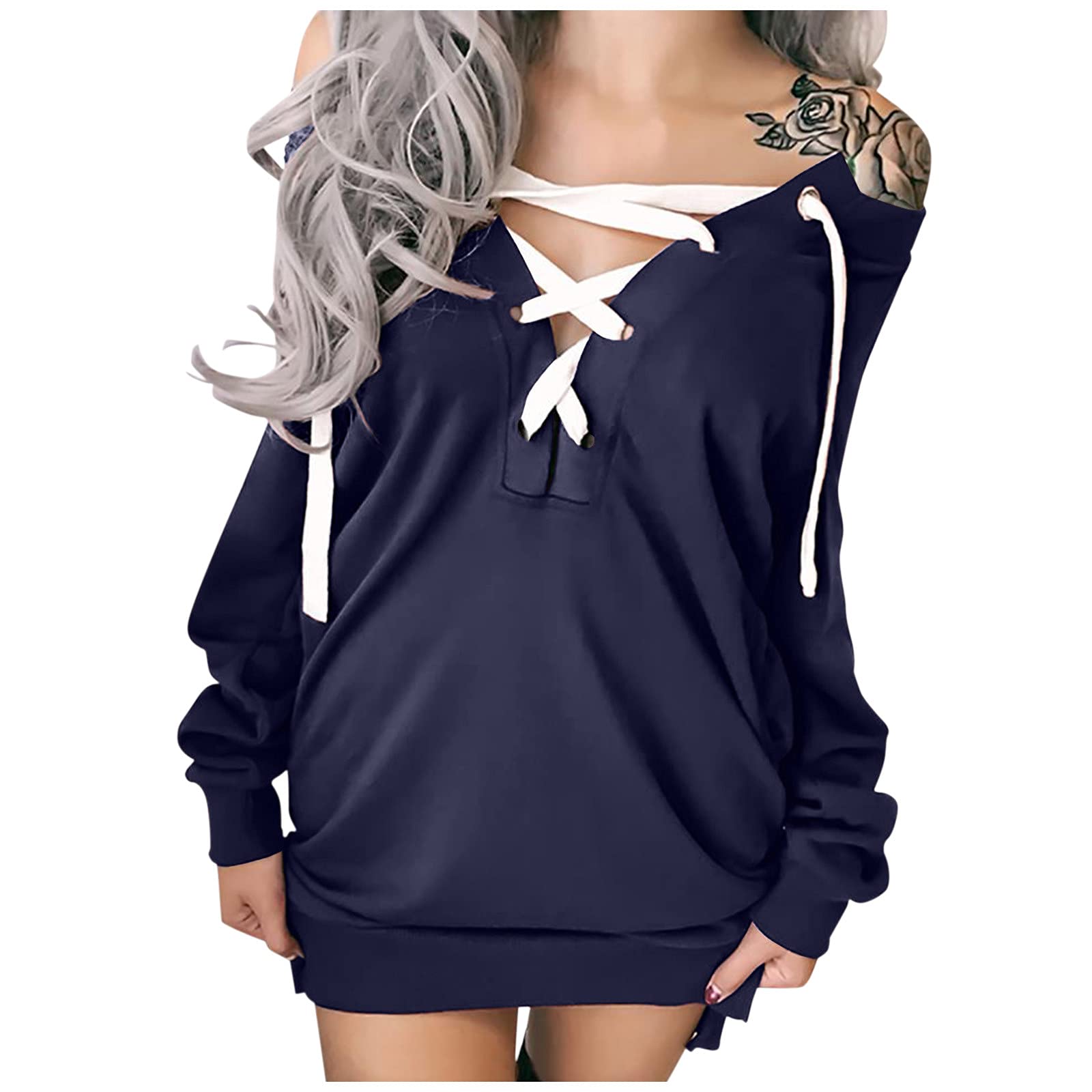 Deep V-Neck Sweatshirt Dress for Women Front Lace Up Raglan Long Sleeve Drawstring Solid Mini Dress Navy