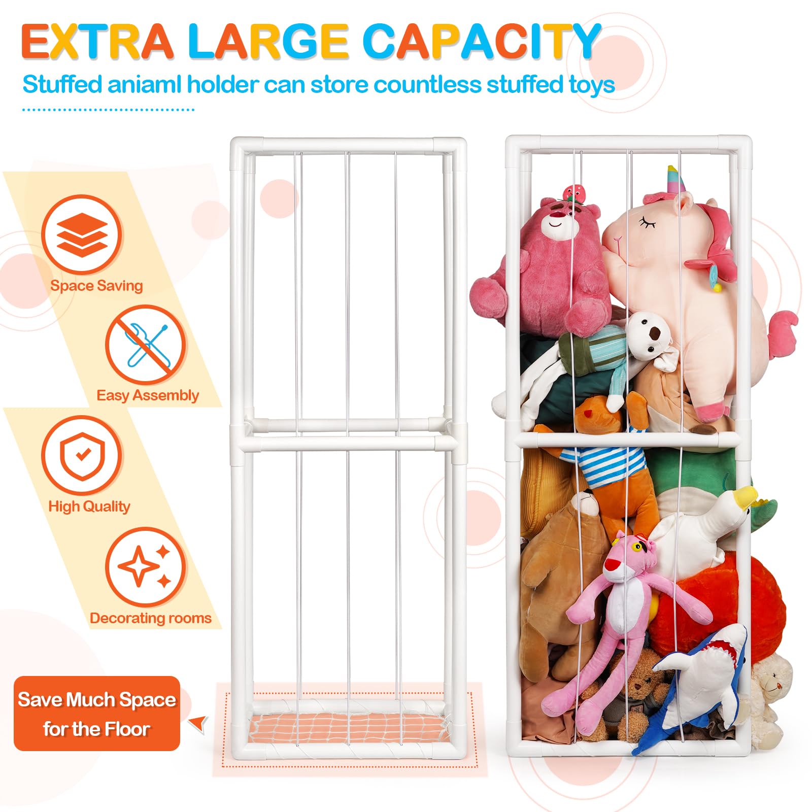 Lzttyee Stuffed Animal Storage Holder Stuffed Animal Zoo Storage Ideas Plush Storage with Bottom Net Stuffed Animal Zoo Storage Cage for Nursery Playroom Bedroom Toy Organizer (White Large)