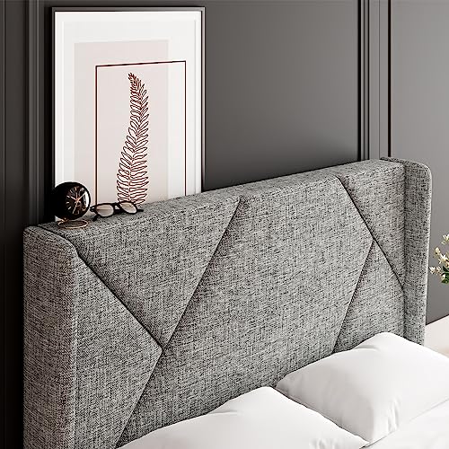 iPormis Queen Size Platform Bed Frame with Headboard, Upholstered Bed Frame with Solid Wood Slats, 8" Storage Space, No Box Spring Needed, Easy Assembly, Light Grey