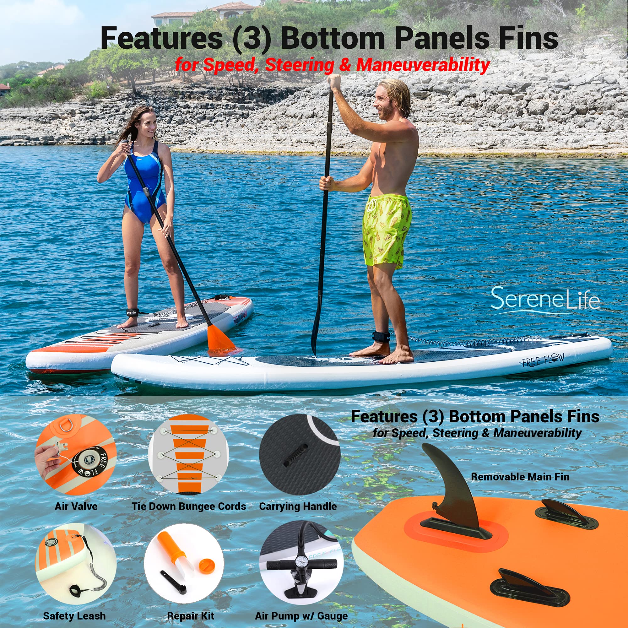 SereneLife Stand up Paddle Board Inflatable - Non-Slip SUP Paddle Board Paddle, Pump, Leash, and Accessories - Fun Water inflatable paddle board for Adults and Youth with Wide Stable Design