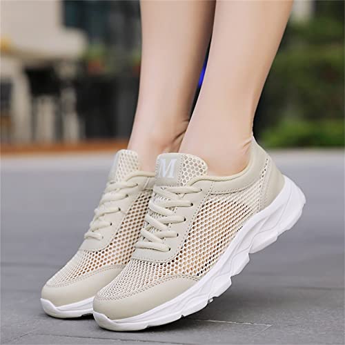 FASDNENDYS Fashion Summer Women Mesh Hollowed Breathable Comfortable Lightweight Lace Up Flat Bottom Shoes No Laces Beige