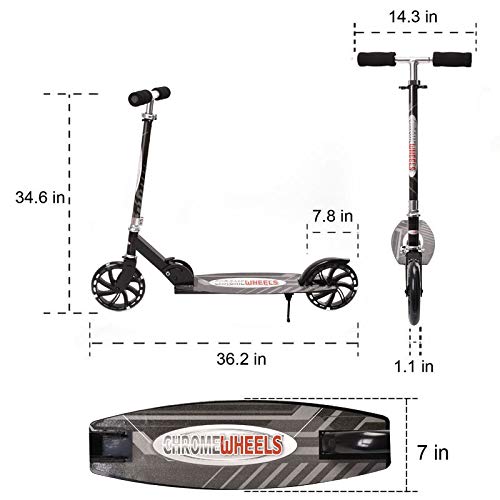 ChromeWheels Kick Scooter, Deluxe 8" Large 2 Light Up Wheels Wide Deck 5 Adjustable Height with Kickstand Foldable Scooters, Best Gift for Age 9 up Kids Girls Boys Teens, 180 lbs Weight Limit, Black