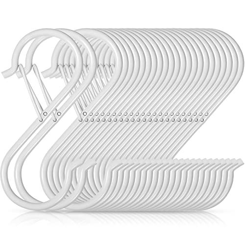 S Hooks Metal Safety Buckle S Shaped Hooks Stainless Steel S Hook Hangers Heavy Duty Anti-Falling S Hooks for Hanging Plants, Lights, Pot, Pans, Cups for Kitchen, 3.55 Inch (White,20 Packs)