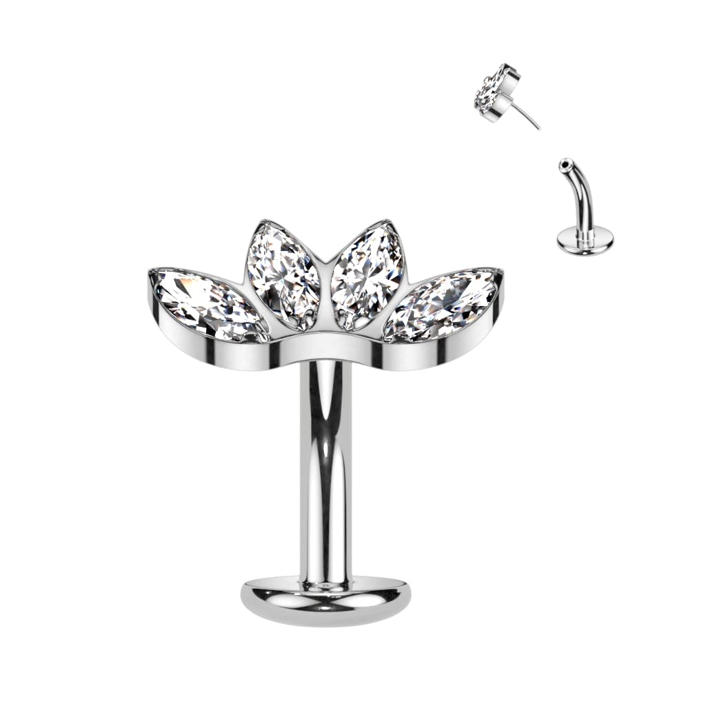 Dynamique Implant Grade Titanium Threadless Convex Base Floating Belly Ring With 4 Marquise CZ Fan Top (Sold Per Piece)