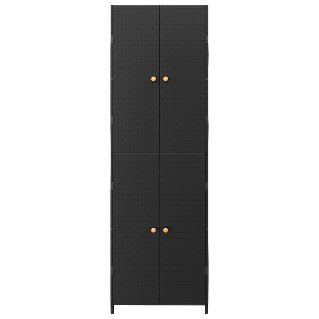 vidaXL Black Garden Storage Cabinet - Durable Poly Rattan Material, Water-Resistant Design, Features 4 Compartments, with Powder-Coated Steel Frame and Solid Acacia Wood Knobs - 23.2x15.7x70.9 inches