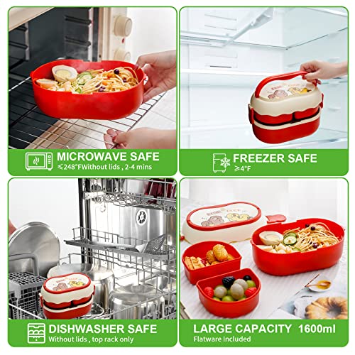 PUOENFGR Bento Lunch Box,Large Capacity Double Layer stacking with Handle with Adults,Microwave Can Be Used,Comes with Three-Piece Cutlery Set,BPA-Free,Great for Camping,Work(Moe Force Brown)