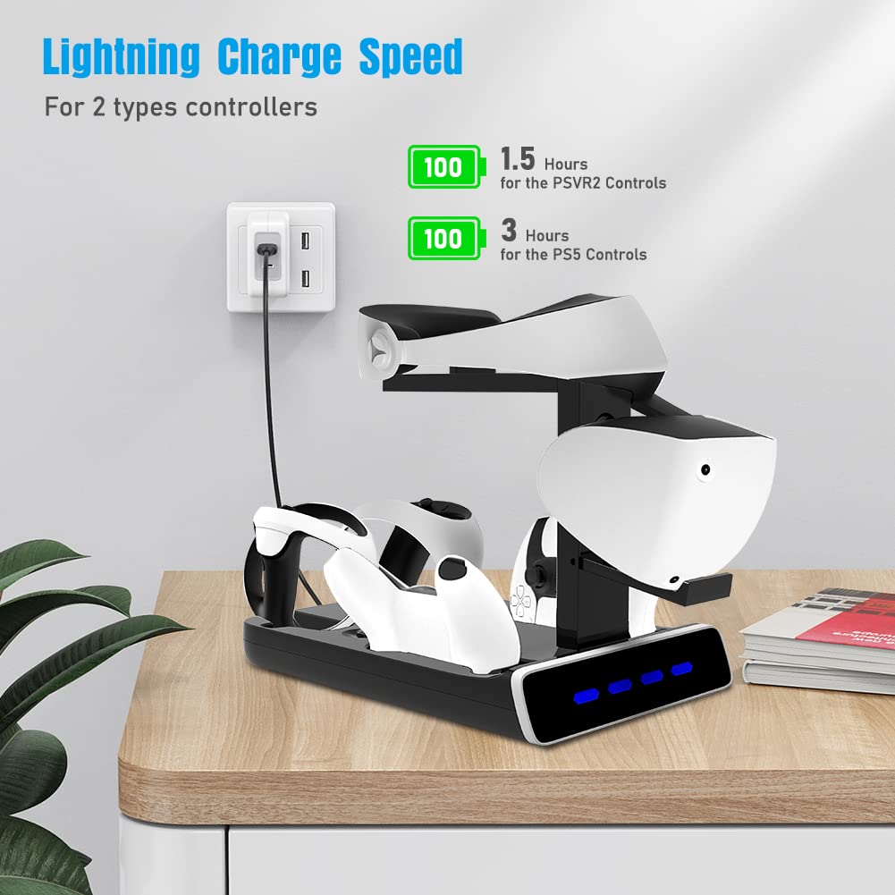 for Snoy PSVR2 Charging Display Stand with LED Light - VR Stand Display Your PSVR2 - Charging Compatible with Sony Playstation VR2 Handle, PS5 Controller Charger, Charging Cable, Seat Charger