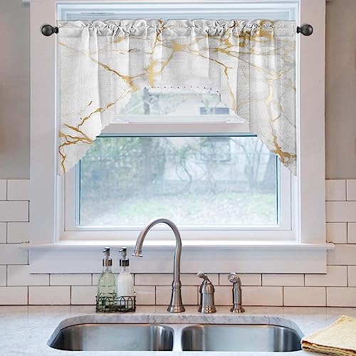 ULQUISNCE Marble Luxury Gold Tier and Swag Window Curtain Set, 3Pcs Kitchen Curtain Marble Art Valance Set White Rod Pocket Curtain for Kitchen Window Modern Unique Patterns