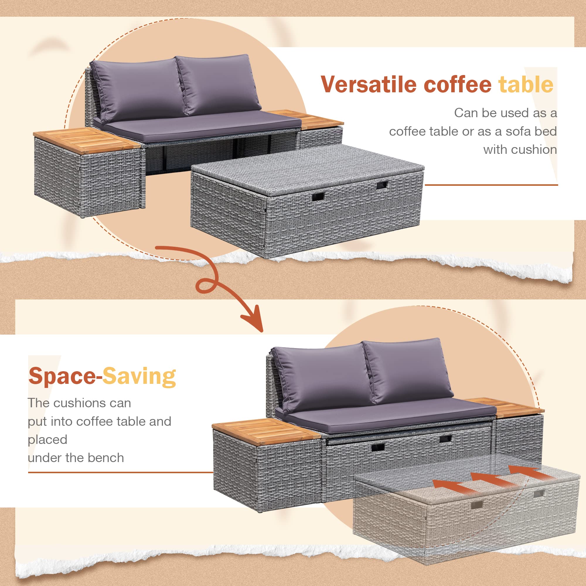 Greesum Patio Furniture Set Multifunctional Outdoor Sectional Sofa Rattan Chaise Lounge Wicker Daybed with Couch, Cushions, Storage Ottoman and 2 Side Tables for Backyard Porch Poolside Lawn, Gray