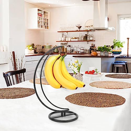 Winmien Banana Holder Stand, Stable Metal Freestanding Banana Hanger with Hook, Moon Shape Modern Banana Storage Design, Keep Fruits Fresh, Banana Keeper for Kitchen Countertop (Black)