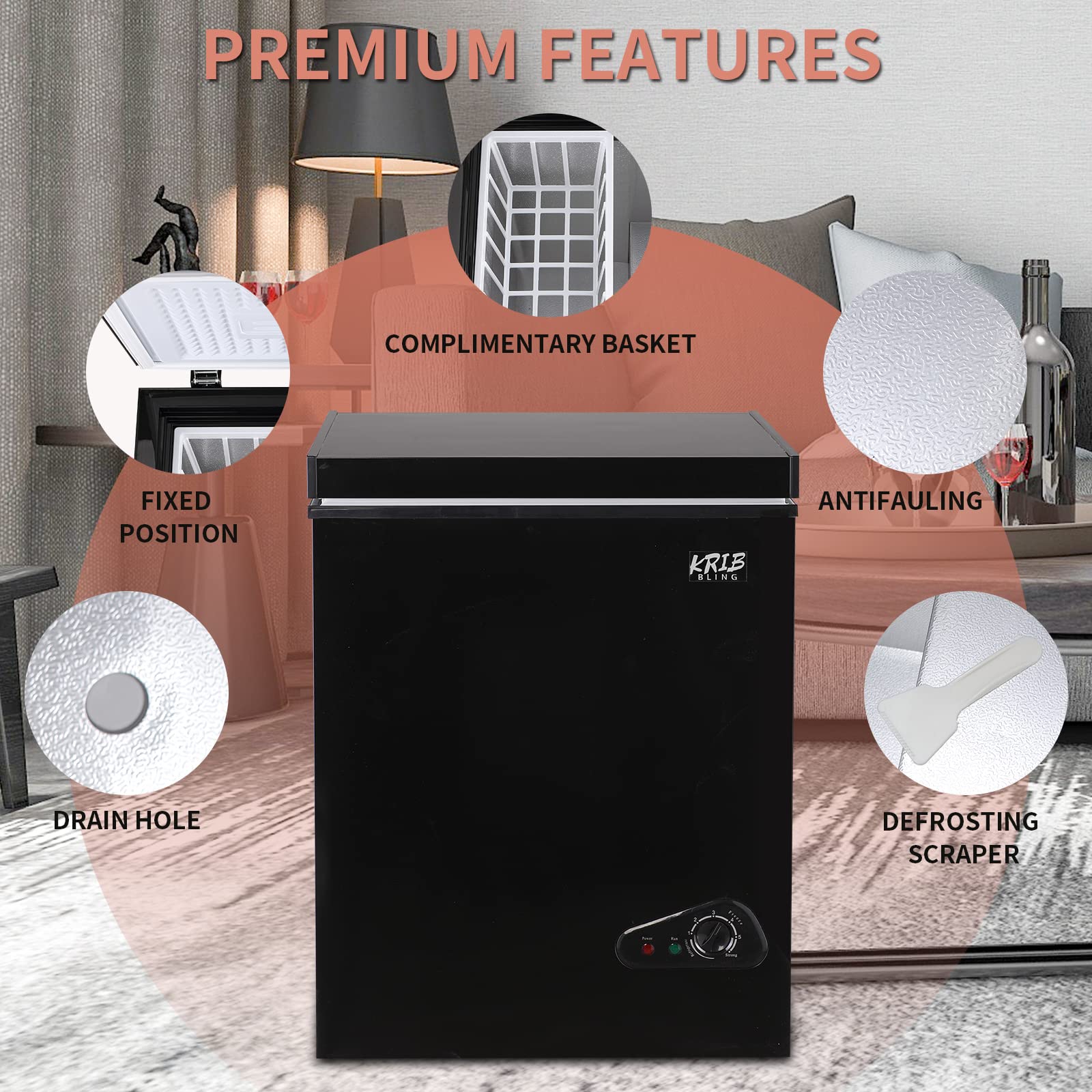 KRIB BLING Compact Chest Freezer with Removable Basket, 7.0 Cu.ft Top Door Open Freestanding Deep Freezer with 7 Gears Temperature Adjustment, Ideal for Home, Kitchen & Office, Black