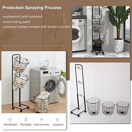 usego 3 Tier Laundry Basket with Rolling Lockable Wheels Wire Metal Sorter Storage Trolley Shelf Basket Durable Metal Sorter Clothes Storage Trolley Shelf with Removable Hamper for Organizing Clothes