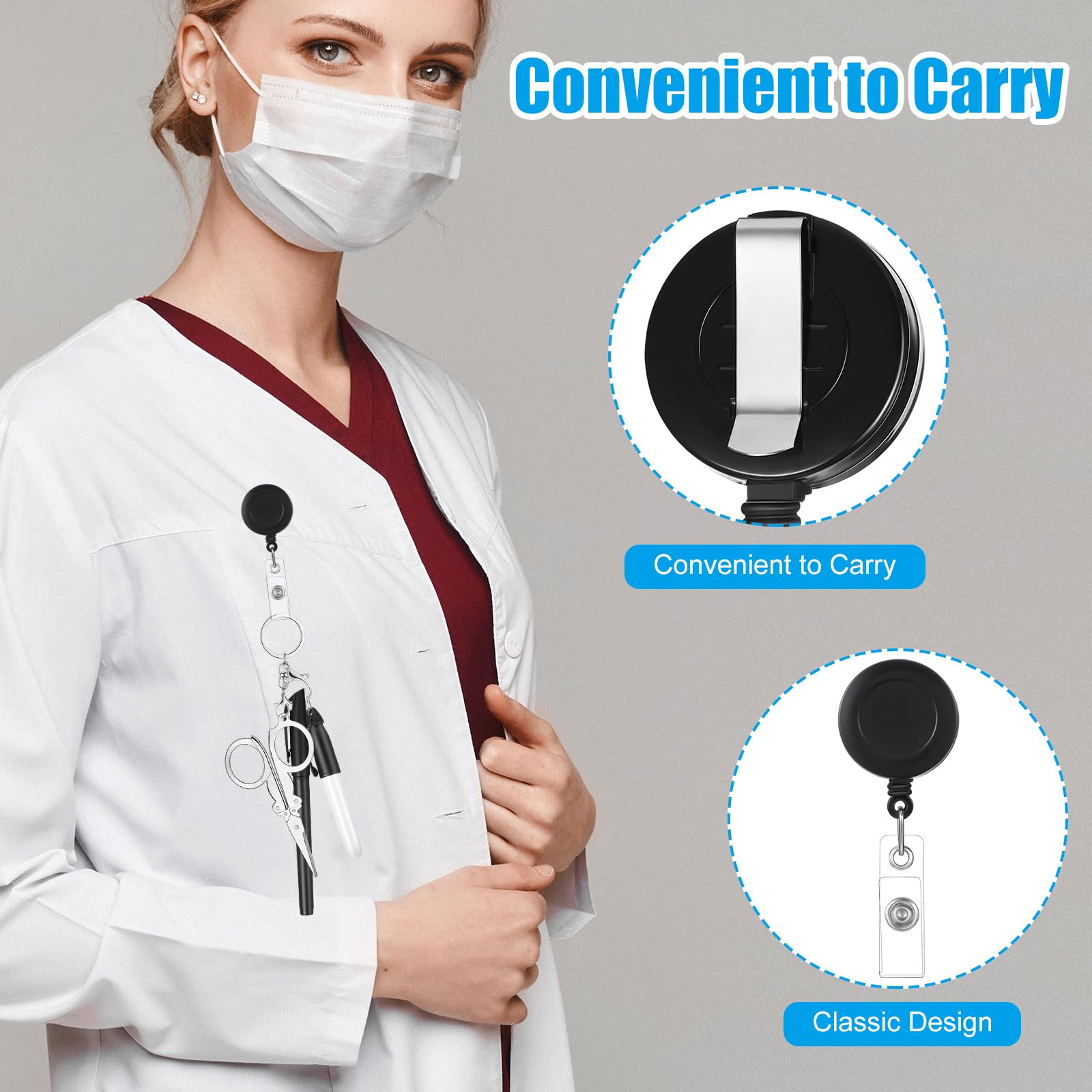 Chuangdi 60 Pcs Mini Nurse Pens for Badge Sets Include 12 Pcs Silver Key Rings 12 Pcs Black Badge Reels 12 Pcs Mini Ballpoint Pens 12 Pcs Markers and 12 Pcs Nurse Scissors for Workers Nurses Teachers
