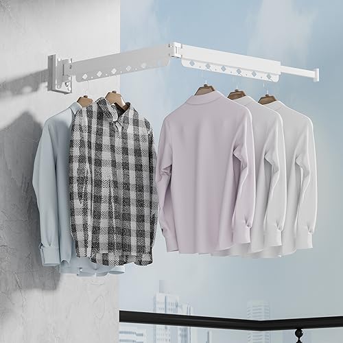 iMonse Clothes Drying Rack, Retractable and Foldable Laundry Drying Rack Wall Mount for Indoor, Space Saver Clothes Hanging Rack for Laundry Room, Balcony, Closet, Bedroom(Double-Fold), White