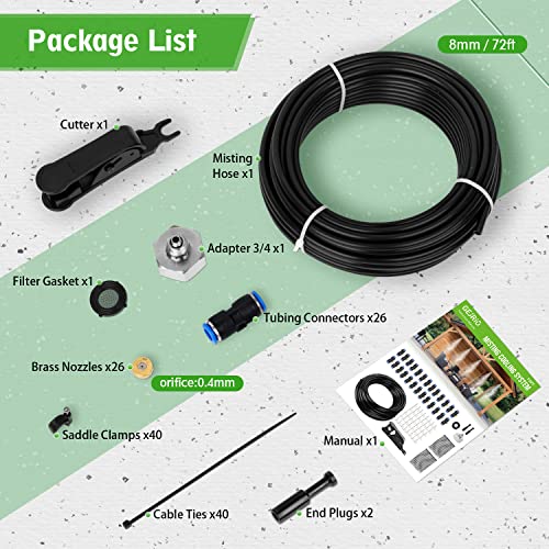 GEJRIO Mister System for Outside Patio,Outdoor Mister with 72FT Misting Hose,Patio Misters for Cooling with 26 Brass Mist Nozzles & an Adapter (3/4"),Misting Cooling System for Garden and Porch