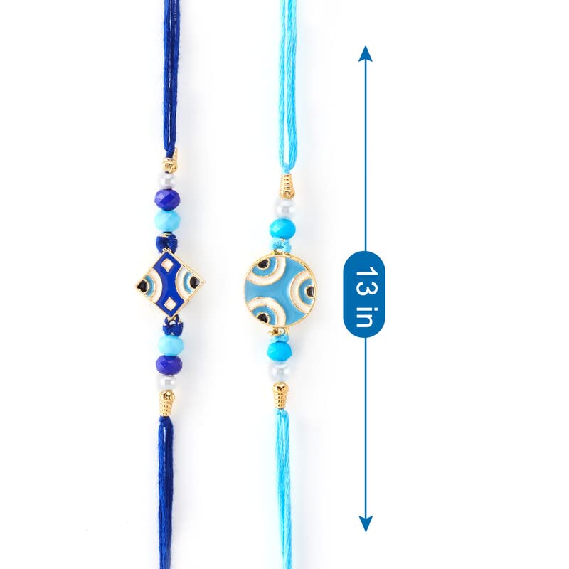 HATHKAAM Set of 2 Designer Evil Eye Blue Rakhi | Traditional Handmade Rakhi for Brother Bhai | Rakhi Bracelet for Bhaiya Combo Gift made with fine Threads for Rakhsha Bandhan (HKR2006)