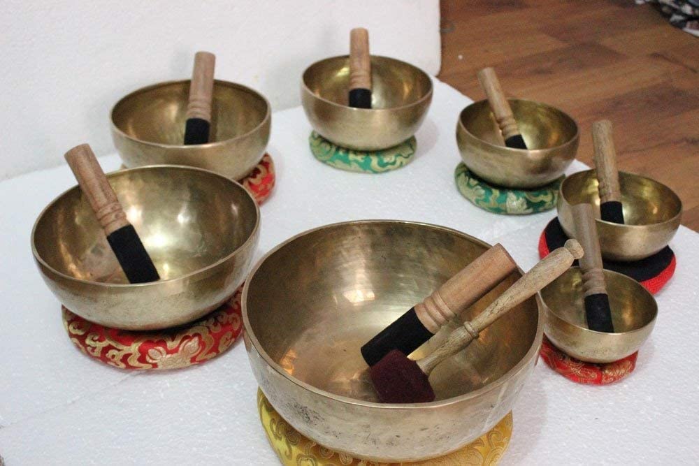 Set of 7 pieces ~ Hand Hammered Yoga Meditation Bowls 5"-10" included 7 Mallets, 7 cushions & 1 drum stick.