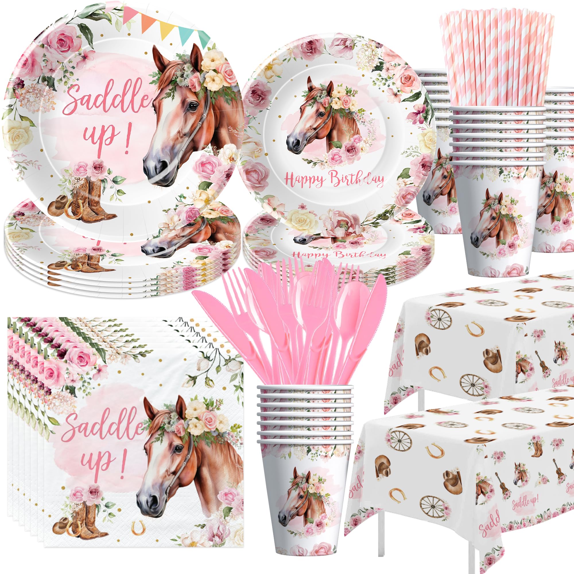 HIPVVILD Cowgirl Party Decorations Tableware - Horse Theme Saddle Up Western Party Supplies, Plate, Cup, Napkin, Cutlery, Tablecloth, Wild West Cowgirl Birthday Baby Shower Decorations | Serve 24
