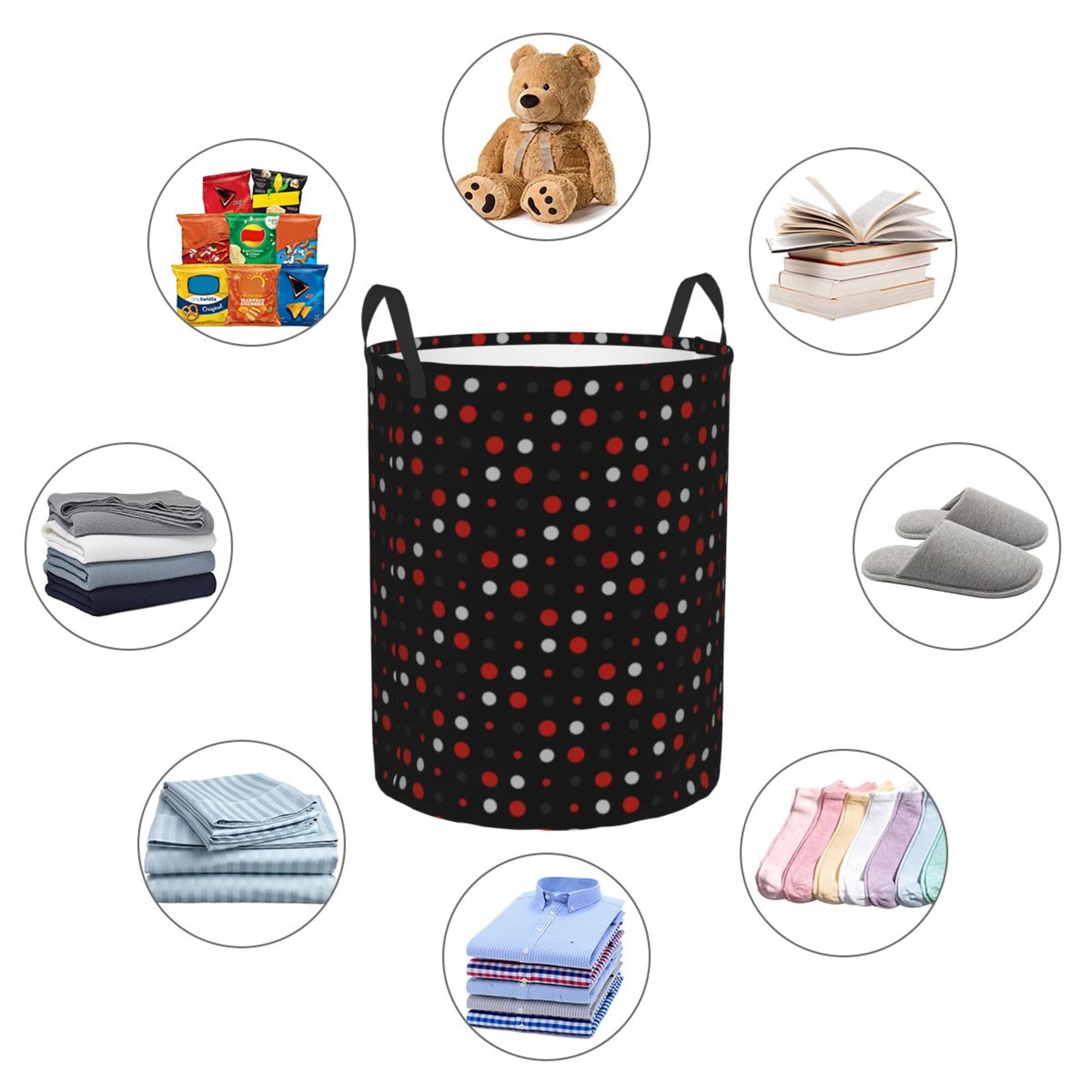 Large Laundry Basket, Dirty Clothes Hamper Toys Storage Bag Red, Black, Gray and White Dots Waterproof Foldable Washing Bin for College Dorms 15.7" x 19.6"