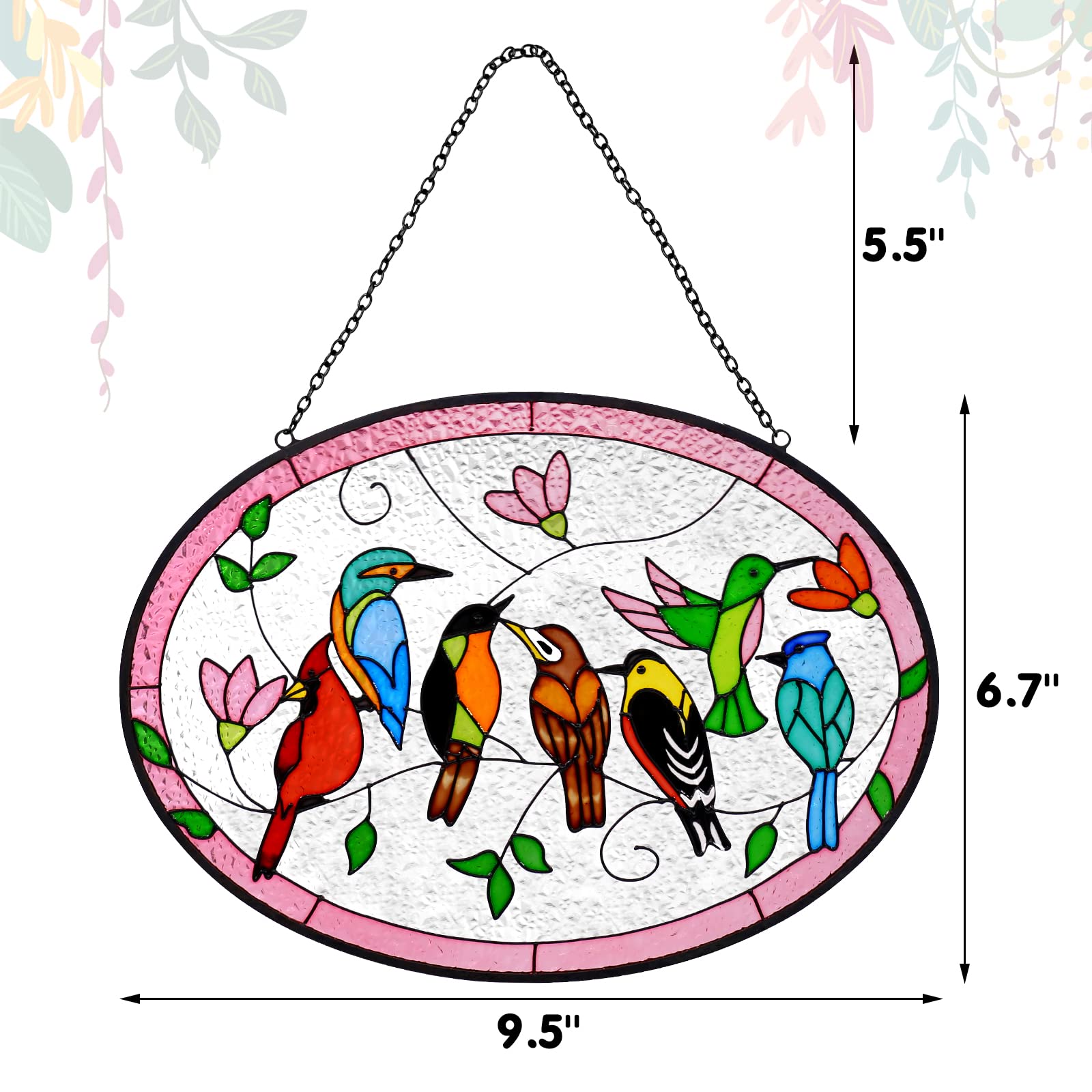 Huray Rayho Birds On A Branch Stained Glass Ornament, 9.5''x6.7'' Cardinal Hummingbird Suncatcher Hand-Painted Double Side Glass Panel Window Hanging Decor Bird Lover Gift for Mom, Grandma, Teacher