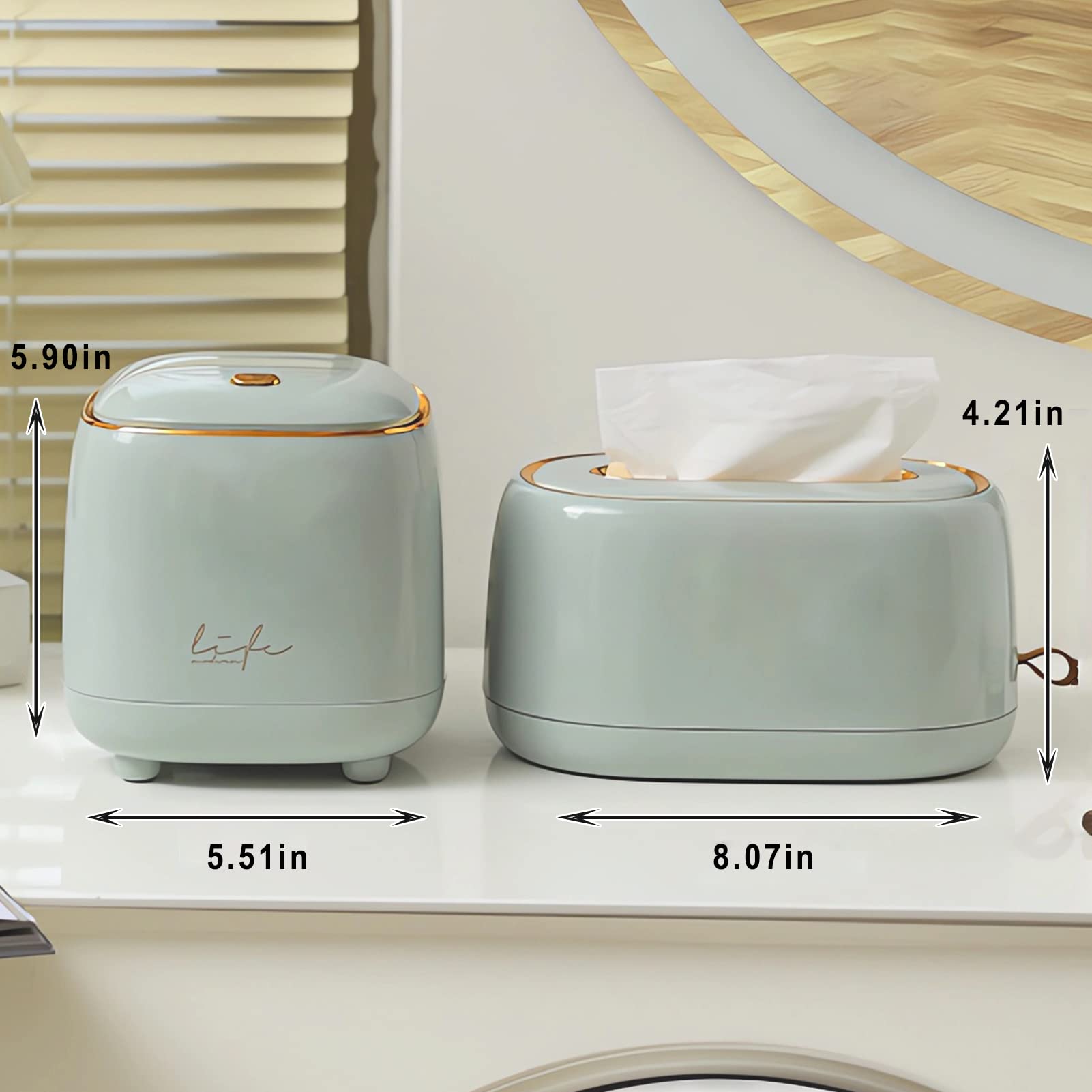 LtyTz 2 Pack Mini Trash Can and Tissue Box Holder,Waste Can with Press Type Lid for Bathroom Vanity, Desktop, Kitchen, Tabletopand Office