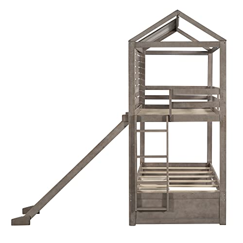 HYC Twin Over Twin Bunk Bed for Kids Toddlers, Wooden Bunk Bed with Slide and 2 Storage Drawers, House-Shaped Bunk Bed for Girls Boys,Gray