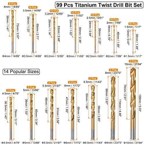 uxcell 99pcs Titanium Twist Drill Bit Set 14 Sizes 1/17"- 37/94" Drilling Dia High Speed Steel Drills for Hardened Metal, Stainless Steel, Cast Iron, Wood, Plastic with Case