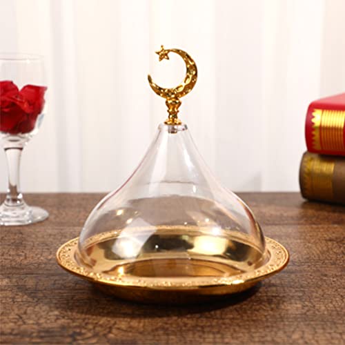ULTECHNOVO Eid Mubarak Cake Stand with Dome Lid Cloche Golden Vintage Ramadan Kareem Serving Tray Cupcake Server Dessert Plate Eid Plates Islam Platter Ramadan Mubarak Eid Party Supplies