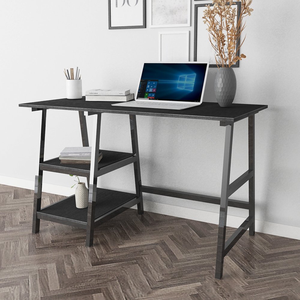 Trestle Desk with 2 Shelves, soges 47 inches Reversible Storage Desk with Racks, Home Office Computer Desk Organizer Workstation, Student Desk Wooden School Desk, Black