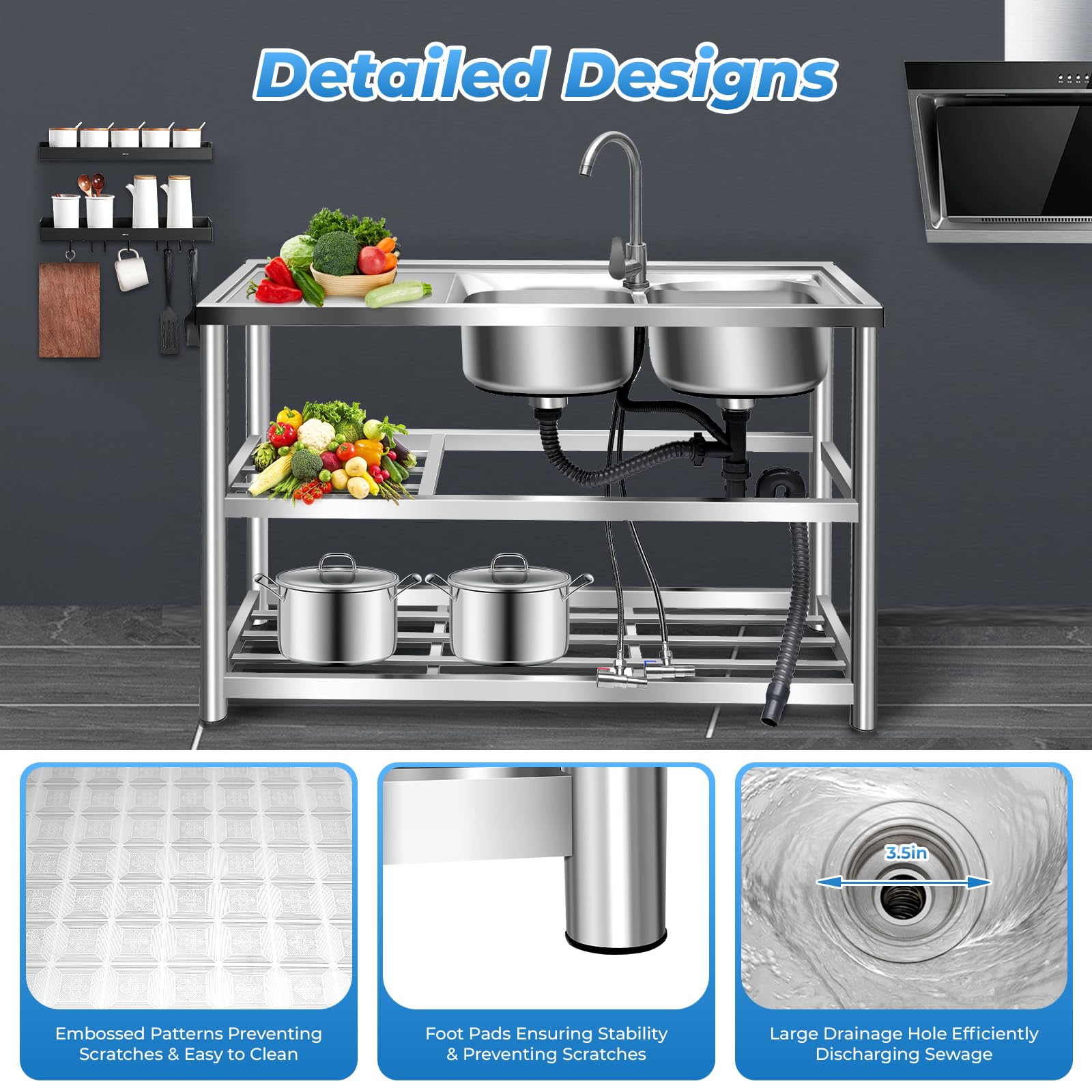 Commercial Kitchen Sink, 2 Compartment Stainless Steel Sink, Freestanding Restaurant Sink, Food Preparation Table & Multi-functional Sink, For Restaurants, Kitchens, Outdoor, Indoor…