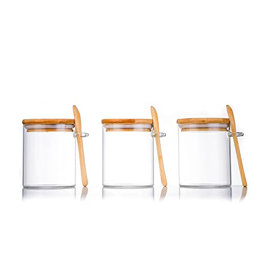 howbonwe Set of 3 Glass Food Storage Containers with Airtight Bamboo Lids and Bamboo Spoons, 15oz Clear Borosilicate Glass Containers Kitchen Organization Jars for Candy, Cookie, Nuts, Tea, Spice
