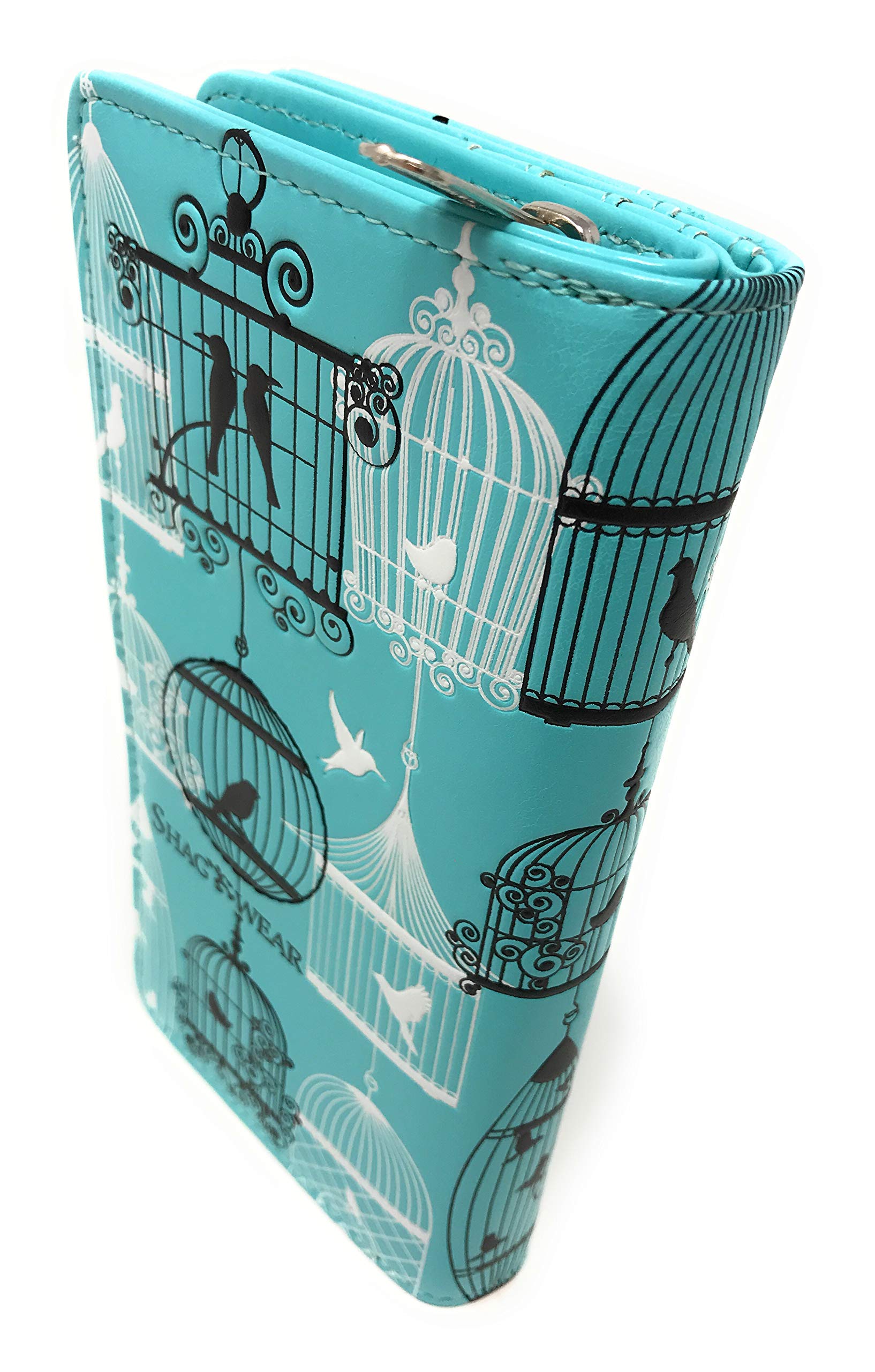 Shag Wear Vintage Bird Cage Large Wallet for Women and Teen Girls Vegan Faux Leather Blue 7"